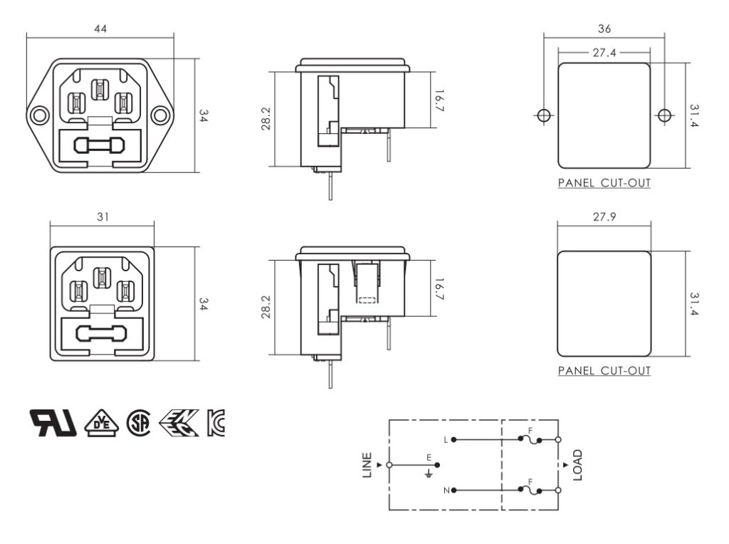 C14 Dual Fused Power Entry Module 0717-2 Series - IEC EN60320 Type Thermaco