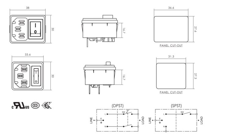 C14 Switched Power Entry Module 0711-1RS Series - IEC EN60320 Type Thermaco