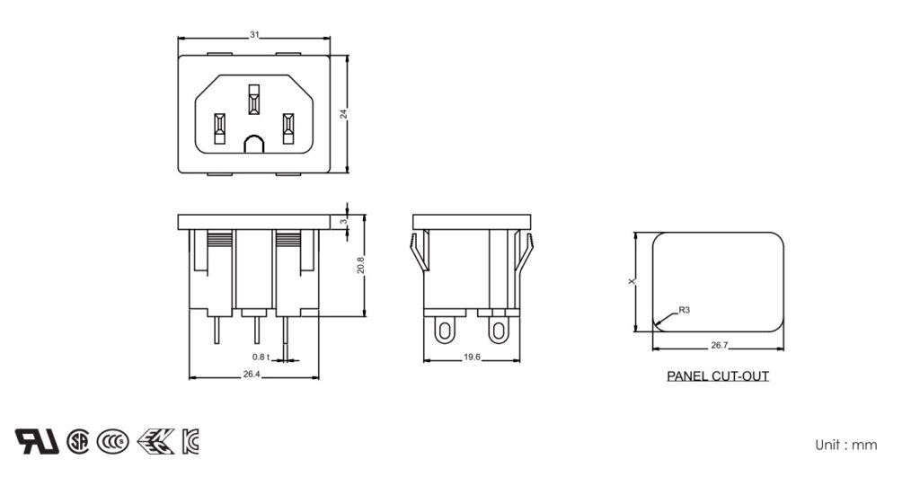 C16 Inlet 0716-1-PN10-A Series - IEC EN60320 Type Thermaco