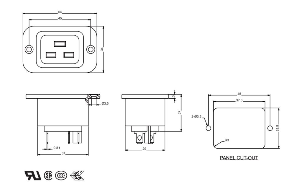C19 Outlet 0723 Series - IEC EN60320 Type Thermaco